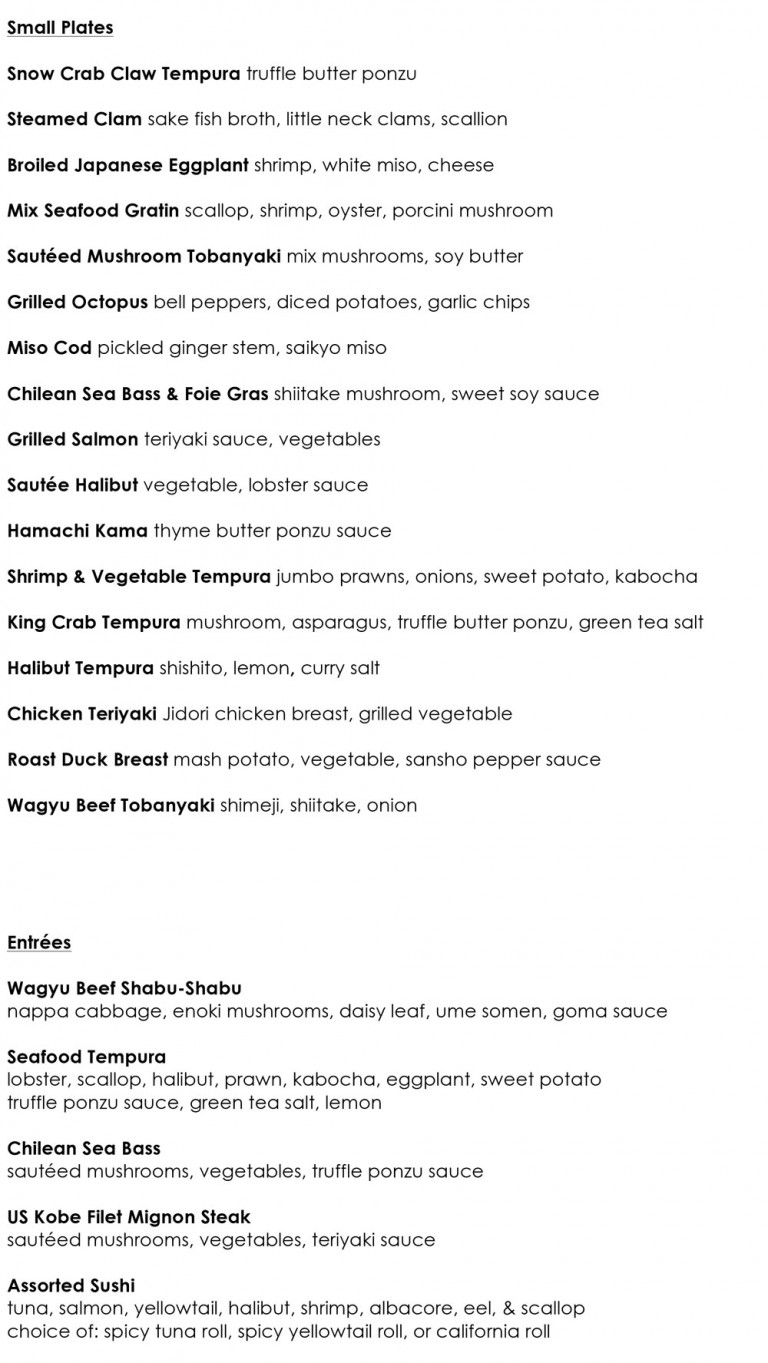 Dinner Menu – Bluefin Japanese Restaurtant by Abe